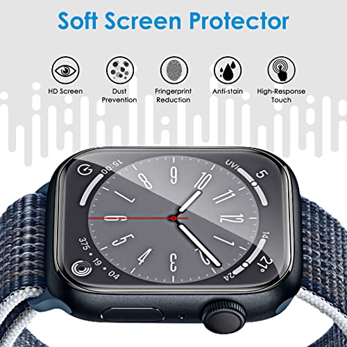 UniqueMe 8 Pack for Apple Watch Series 9/8/7 Screen Protector 45mm, [Strong Asorption] [Flexible TPU Not Glass][Non-Bubbles] iWatch Anti-Scratch Replacement Protection HD Clear Cover Soft Film