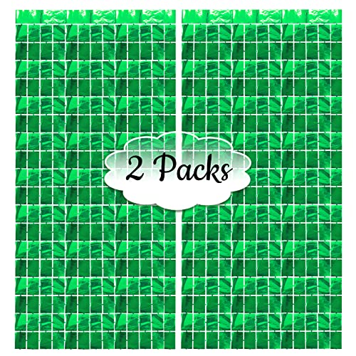 2 Packs 3.3x6.6 Feet Foil Fringe Curtains, UNIIDECO Metallic Green Birthday Square Sequin Tinsel Photobooth Photo Backdrop, Baby Shower Engagement Graduation Homecoming Party Decorations Streamers