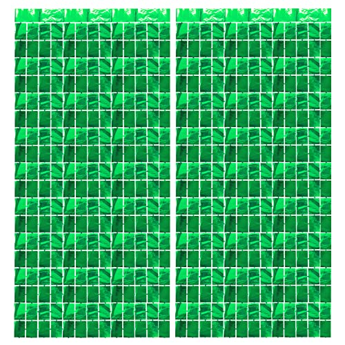 2 Packs 3.3x6.6 Feet Foil Fringe Curtains, UNIIDECO Metallic Green Birthday Square Sequin Tinsel Photobooth Photo Backdrop, Baby Shower Engagement Graduation Homecoming Party Decorations Streamers