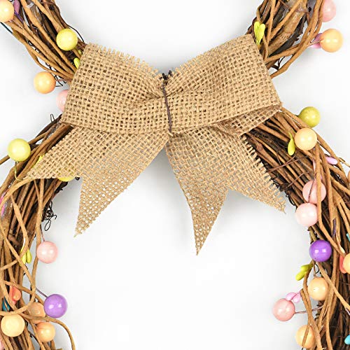 Artflower Easter Bunny Spring Wreath Artificial Grapevine Wreath Pendant Bunny-Shaped Twig Decor with Berries Pastel Handmade Rattan Rabbit Beads Wreath for Front Door Home Garden DIY Wall Decor