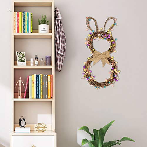 Artflower Easter Bunny Spring Wreath Artificial Grapevine Wreath Pendant Bunny-Shaped Twig Decor with Berries Pastel Handmade Rattan Rabbit Beads Wreath for Front Door Home Garden DIY Wall Decor