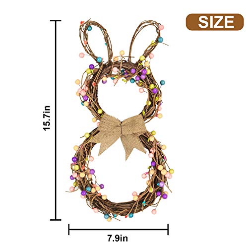 Artflower Easter Bunny Spring Wreath Artificial Grapevine Wreath Pendant Bunny-Shaped Twig Decor with Berries Pastel Handmade Rattan Rabbit Beads Wreath for Front Door Home Garden DIY Wall Decor