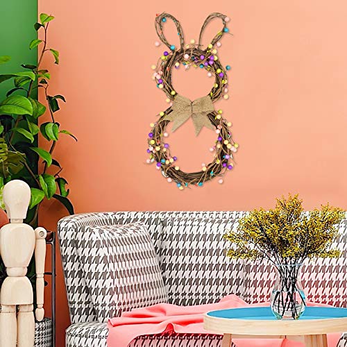 Artflower Easter Bunny Spring Wreath Artificial Grapevine Wreath Pendant Bunny-Shaped Twig Decor with Berries Pastel Handmade Rattan Rabbit Beads Wreath for Front Door Home Garden DIY Wall Decor