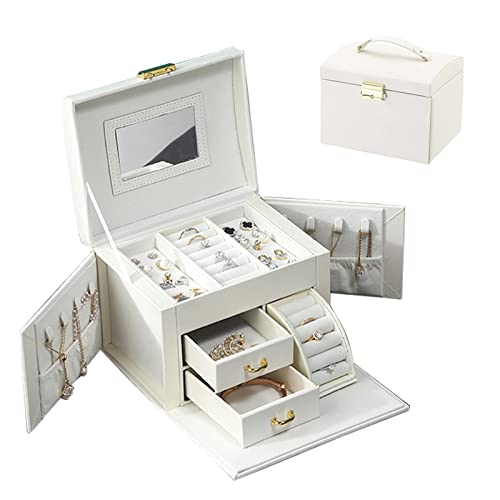 DREAM&GLAMOUR Jewelry Boxes for Women,3 Layer PU Leather Jewelry Organizer Box with Mirror and Lock.Medium Sized Portable Travel Jewelry case for Earrings Bracelets Rings Necklace-Milk White