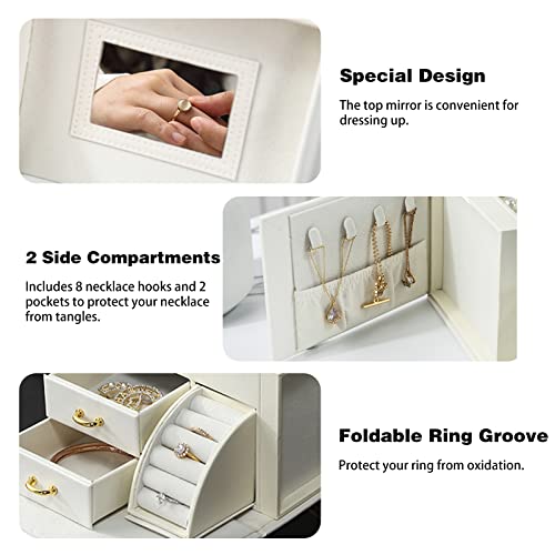 DREAM&GLAMOUR Jewelry Boxes for Women,3 Layer PU Leather Jewelry Organizer Box with Mirror and Lock.Medium Sized Portable Travel Jewelry case for Earrings Bracelets Rings Necklace-Milk White