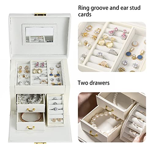 DREAM&GLAMOUR Jewelry Boxes for Women,3 Layer PU Leather Jewelry Organizer Box with Mirror and Lock.Medium Sized Portable Travel Jewelry case for Earrings Bracelets Rings Necklace-Milk White