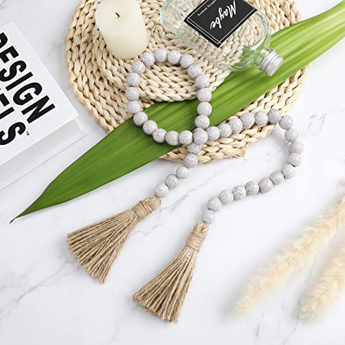 Wood Beaded Tray and Wood Bead Tassels Garland Decorative Farmhouse Style Distressed Whitewashed Wooden Tray for Kitchen Counter or Serving Tray (Classic Style)