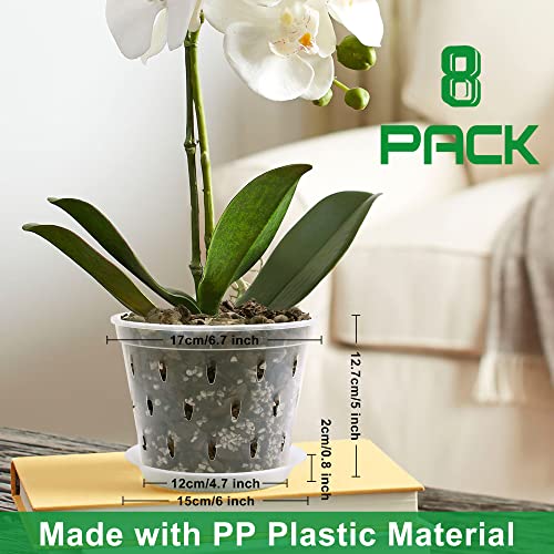 Kitypartsy 8 Pack 7 inch Orchid Pots with Holes and Saucers Clear Plastic Orchid Pots