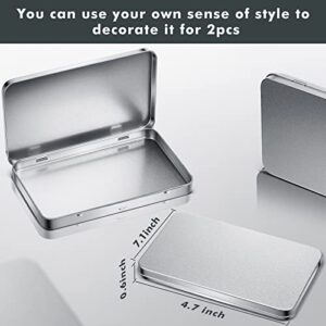 Metal Rectangular Tin Metal Hinged Lid Tin Metal Empty Box Container Silver Rectangular Storage Tin Box with Lid for Watercolor Jewelry Makeup Pill Candy Craft Organize (2 Pieces)