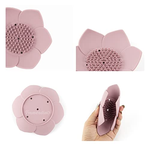 Framendino, 4 Pack Lotus Flowers Soap Dish Silicon Flexible Non-Slip Floral Soap Trays with Drain for Bathroom Shower