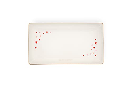 Le Creuset L'Amour Stoneware Rectangular Hostess Tray, 11.25" x 6.25", White with Heart Applique