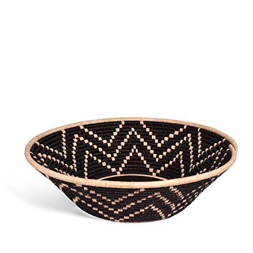 Rwenzori Starburst Pattern 15-16-inch Basket, Handwoven in Uganda, Black/Ivory/Orange