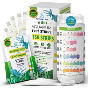 futura care aquarium test strips - our accurate aquarium water test kit monitor 6 essential parameters - easy to use saltwater & freshwater test kit with 150 strips for 1.5 years (6 in 1-150 strips)