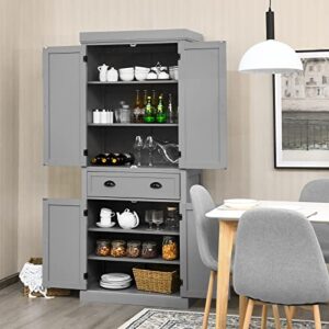 mat expert kitchen pantry cupboard cabinet, freestanding storage cabinet w/drawers & adjustable shelves, 4-door wooden storage organizer for living room/kitchen/bedroom (gray)