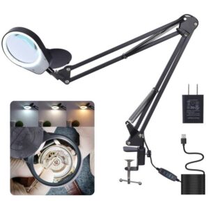 yoctosun magnifying desk lamp with clamp, 5x real glass lens, 3 color modes stepless dimmable, adjustable arm magnifying glass with light and stand for reading, painting, sewing & crafts