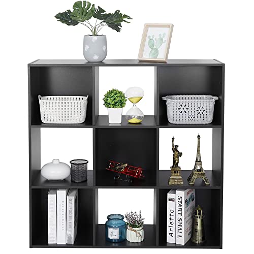 ZenStyle 9 Cube Storage Shelf Organizer, Wooden Bookshelf System Display Cube Shelves Compartments, Customizable W/ 5 Removable Back Panels (Black)