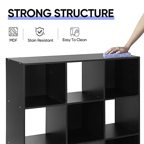 ZenStyle 9 Cube Storage Shelf Organizer, Wooden Bookshelf System Display Cube Shelves Compartments, Customizable W/ 5 Removable Back Panels (Black)