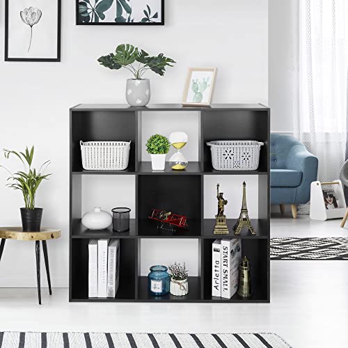 ZenStyle 9 Cube Storage Shelf Organizer, Wooden Bookshelf System Display Cube Shelves Compartments, Customizable W/ 5 Removable Back Panels (Black)