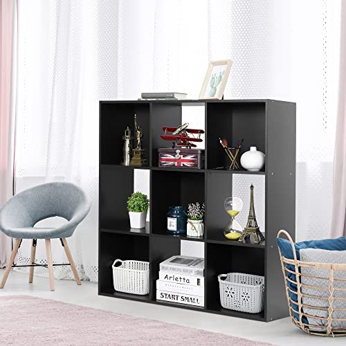 ZenStyle 9 Cube Storage Shelf Organizer, Wooden Bookshelf System Display Cube Shelves Compartments, Customizable W/ 5 Removable Back Panels (Black)