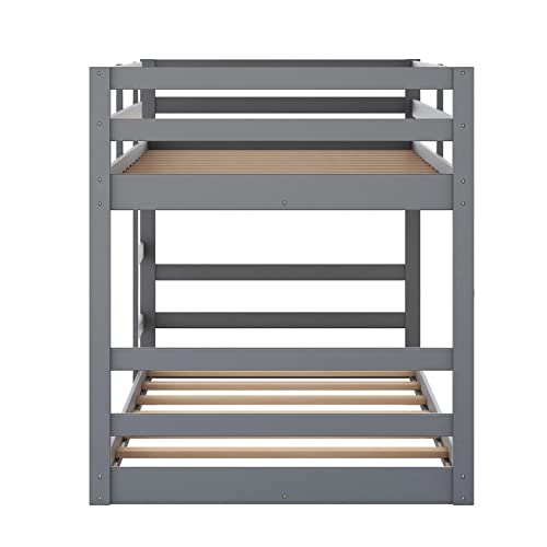 Low Bunk Beds Twin Over Twin Floor Bunk Bed Wood Bunkbed Frame for Kids Toddlers Boys Girls Teens’ Bedroom Dorm, Gray