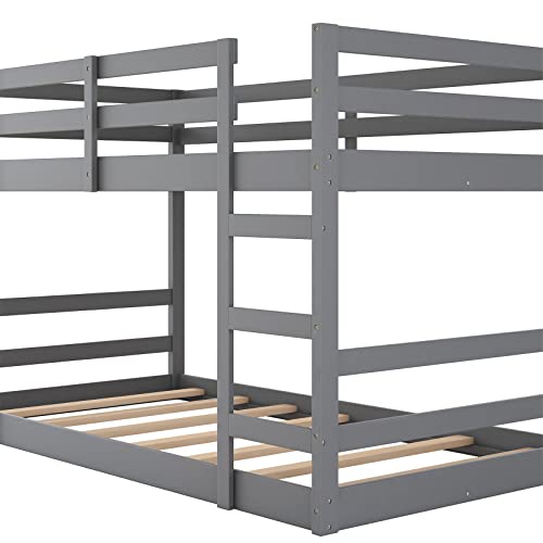 Low Bunk Beds Twin Over Twin Floor Bunk Bed Wood Bunkbed Frame for Kids Toddlers Boys Girls Teens’ Bedroom Dorm, Gray