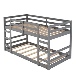 Low Bunk Beds Twin Over Twin Floor Bunk Bed Wood Bunkbed Frame for Kids Toddlers Boys Girls Teens’ Bedroom Dorm, Gray