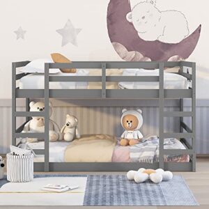 Low Bunk Beds Twin Over Twin Floor Bunk Bed Wood Bunkbed Frame for Kids Toddlers Boys Girls Teens’ Bedroom Dorm, Gray