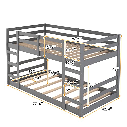 Low Bunk Beds Twin Over Twin Floor Bunk Bed Wood Bunkbed Frame for Kids Toddlers Boys Girls Teens’ Bedroom Dorm, Gray