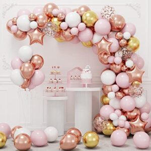 RUBFAC Rose Gold Balloon Garland Arch Kit with Pink Gold White Balloons for Graduation Birthday Party Baby Shower Wedding Decorations