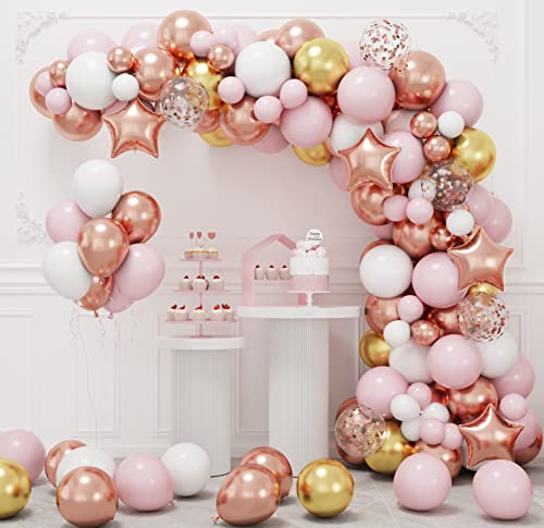 RUBFAC Rose Gold Balloon Garland Arch Kit with Pink Gold White Balloons for Graduation Birthday Party Baby Shower Wedding Decorations