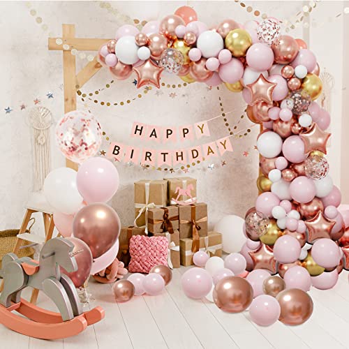 RUBFAC Rose Gold Balloon Garland Arch Kit with Pink Gold White Balloons for Graduation Birthday Party Baby Shower Wedding Decorations