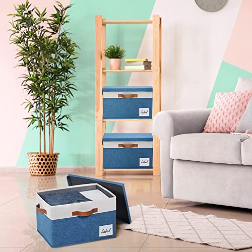 GhvyenntteS Fabric Storage Bins with Lid (6-Pack) Large Closet Storage Bins with Lid and 3 PU Handles, Foldable Fabric Storage Boxes with Label Window for Home Bedroom Office (Grey & Blue, Large)