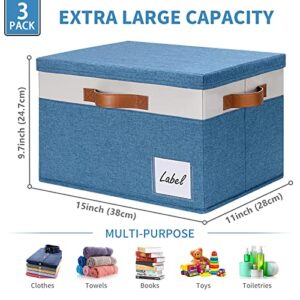 GhvyenntteS Fabric Storage Bins with Lid (6-Pack) Large Closet Storage Bins with Lid and 3 PU Handles, Foldable Fabric Storage Boxes with Label Window for Home Bedroom Office (Grey & Blue, Large)