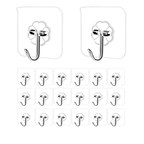 pinlun Sticky Hook Wall hook-20 Pieces of Heavy 22 lb (Maximum) Heavy Duty self-Adhesive Hook Waterproof and Oil Proof Transparent Hook Bathroom Shower Room Kitchen Hook