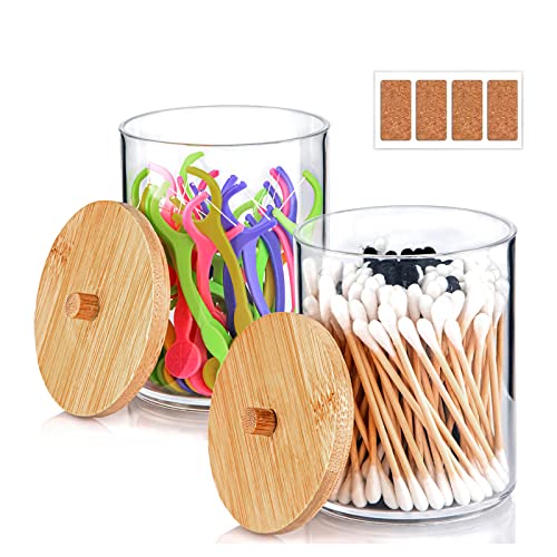 2 Pack Acrylic Qtip Jar Holder with Bamboo Lid,10 oz Cotton Ball Pad Floss Swab Dispenser,Bathroom Clear Jars Canister,Plastic Vanity Organizer for Countertop Storage,Gift