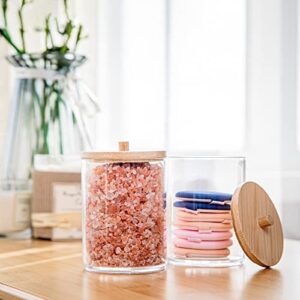 2 Pack Acrylic Qtip Jar Holder with Bamboo Lid,10 oz Cotton Ball Pad Floss Swab Dispenser,Bathroom Clear Jars Canister,Plastic Vanity Organizer for Countertop Storage,Gift