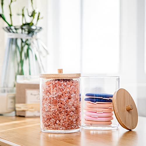 2 Pack Acrylic Qtip Jar Holder with Bamboo Lid,10 oz Cotton Ball Pad Floss Swab Dispenser,Bathroom Clear Jars Canister,Plastic Vanity Organizer for Countertop Storage,Gift