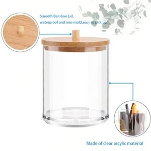 2 Pack Acrylic Qtip Jar Holder with Bamboo Lid,10 oz Cotton Ball Pad Floss Swab Dispenser,Bathroom Clear Jars Canister,Plastic Vanity Organizer for Countertop Storage,Gift