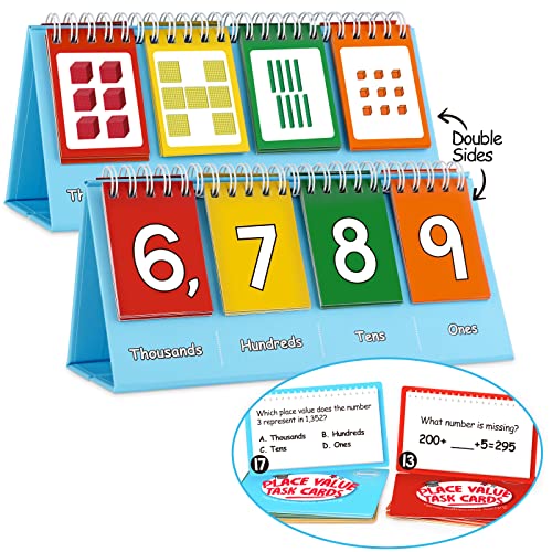 Aizweb Student Place Value Flip Chart - Math Manipulatives K-3 for Elementary Classroom - Double-Sided with Whole Numbers and Base Ten Blocks