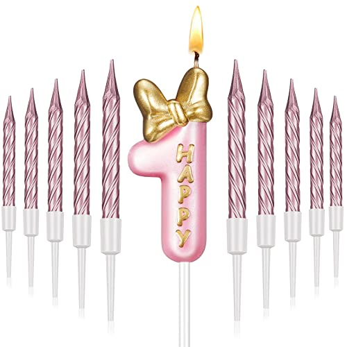 Pink Birthday Candle Girl, Number Birthday Cake Topper with 10 Pieces Rose Gold Birthday Candles Long Thin Cupcake Candles in Holders for Cake Topper Birthday Baking Decor Supplies (Number 1 Style)