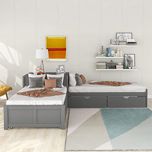 Harper & Bright Designs L-Shaped Platform Bed with Trundle, Wooden Corner Daybed with Storage Drawers and Desk, 3 Beds for Kids Teens Bedroom Furniture (Twin, Gray)