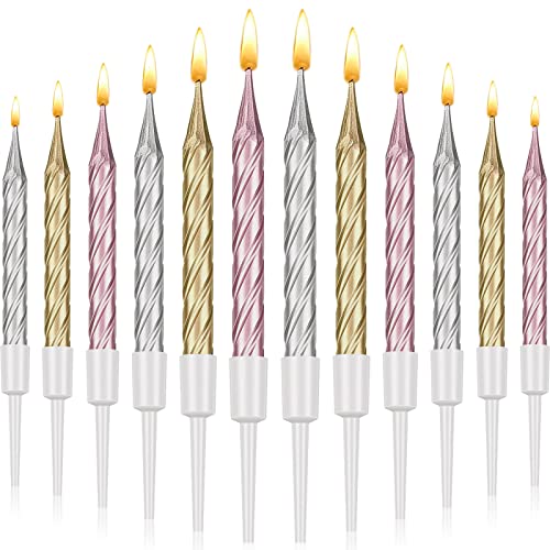 60 Pieces Gold Birthday Candles Spiral Cake Candles Metallic Cake Cupcake Candles Short Thin Birthday Candles with Holders for Birthday Wedding Party Cake Decorations (Gold, Silver, Rose Gold)