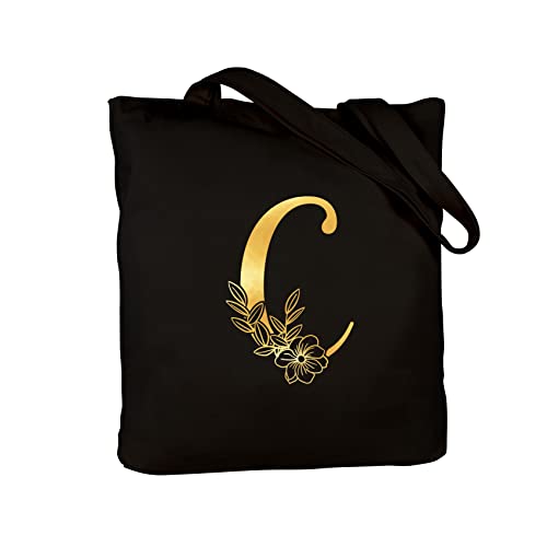 CARAKNOTS Initial C Tote Bag for Women Monogrammed Canvas Tote Bag for Women Mom Teacher Friends Personalized Gifts for Birthday Wedding Beach Shopping Bag Black