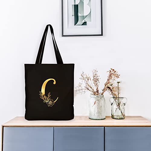 CARAKNOTS Initial C Tote Bag for Women Monogrammed Canvas Tote Bag for Women Mom Teacher Friends Personalized Gifts for Birthday Wedding Beach Shopping Bag Black