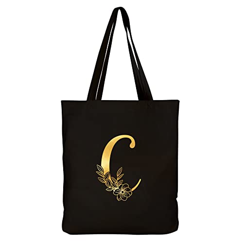 CARAKNOTS Initial C Tote Bag for Women Monogrammed Canvas Tote Bag for Women Mom Teacher Friends Personalized Gifts for Birthday Wedding Beach Shopping Bag Black