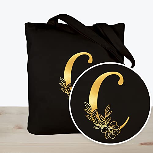 CARAKNOTS Initial C Tote Bag for Women Monogrammed Canvas Tote Bag for Women Mom Teacher Friends Personalized Gifts for Birthday Wedding Beach Shopping Bag Black