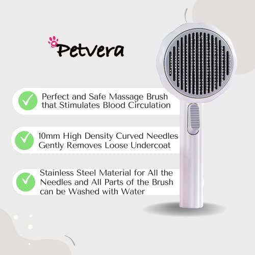 Petvera Cat Grooming Brush for Middle Long Hair Shedding, Pet One Button Self Cleaning Brush, Dog Fur Slicker Brush, Pet Massager for Tangled Fluffy Hair and Loose Fur