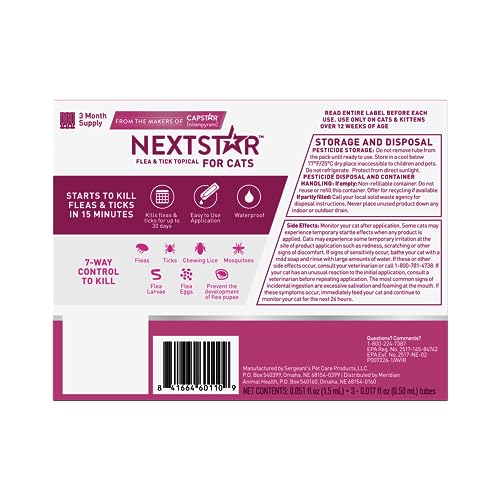 NEXTSTAR Flea and Tick Prevention for Cats, Fast Acting Topical Treatment & Control, Waterproof Drops, Small Cat and Kitten Over 3.5 lbs - 3 Month Supply