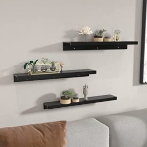 Giftgarden 16 Inch Black Floating Shelves for Wall Mount, Woodgrain Wall Shelf Ledge for Bathroom Bedroom Kitchen Living Room Office Storage, Set of 3 Different Sizes