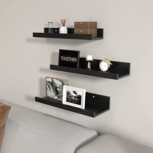 Giftgarden 16 Inch Black Floating Shelves for Wall Mount, Woodgrain Wall Shelf Ledge for Bathroom Bedroom Kitchen Living Room Office Storage, Set of 3 Different Sizes